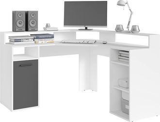 Byliving Fox Gaming-Schreibtisch, Eckschreibtisch, viel Ablagefläche, mit Aufsatz, Holzwerkstoff, Weiß, B-139, H-90,8, T-139 cm