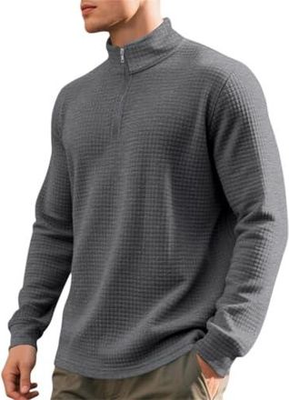 Generic Pull gaufr&eacute; &agrave; manches longues avec fermeture &eacute;clair 1/4 pour homme, gris fonc&eacute;, 3XL