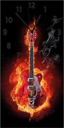 Wallario Design-Wanduhr, Acrylglasuhr Gr&ouml;&szlig;e 30 x 60 cm, Schwarze Zeiger, Motiv Brennende Gitarre