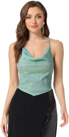 Allegra K Débardeur à Paillettes Femme Camisole Col Bénitier Top Scintillant Dos Nu sans Manche Caraco Court à Lacets Réglable Clubwear Vert Clair XL
