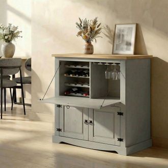 IDIMEX Weinschrank Tequila im Mexiko Stil, sch&ouml;ner Barschrank mit Klappfach und 2 T&uuml;ren, praktische Hausbar aus Kiefer massiv in grau/braun