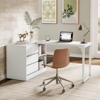 Tribesigns Tribesigns Bureau dordinateur en forme de L avec tiroirs et &eacute;tag&egrave;res, bureau dangle r&eacute;versible blanc avec armoire de rangement, table de travail