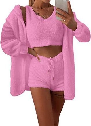 Minetom Femmes Ensemble de 3 Pièces Pyjamas Chaud Toison Polaire Vêtements de Nuit Doux Veste Sweat à Capuche Débardeur Shorts B Rose 36