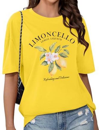 Heekpek T-shirt surdimensionn&eacute; pour femme - Col rond - Manches courtes - T-shirt d&eacute;t&eacute; en coton imprim&eacute; - T-shirt avec motif imprim&eacute; citron - D&eacute;contract&eacute; - D&eacute;c