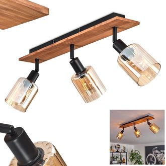 HOFSTEIN Deckenleuchte Aggebu, Deckenlampe aus Metall/Holz/Glas in Schwarz/Natur/Bernstein, Leuchte im Retro/Vintage/Industrial-Design mit verstellbaren Schirm