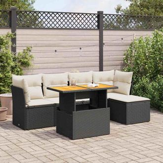 vidaXL 6-tlg. Garten-Sofagarnitur mit Kissen Schwarz Poly Rattan - Vidaxl
