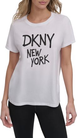 DKNY Womens Blouse/Shirt,RHSTN GRFTI LG SS TE,WHT/BLK,M