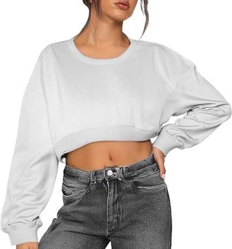 Generic Haut court &agrave; manches longues pour femme - Haut de sport confortable et doux - Grande taille - Pull d&eacute;contract&eacute; confortable &agrave; col rond - Sweat-shirt co