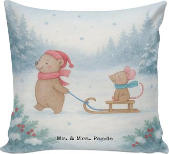 Mr. & Mrs. Panda Sofakissen Bär und Maus Schlitten Design - Geschenk, Kopfkissen, Kissen 40x40, Weihnachten, Dekokissen, deko, microfaser