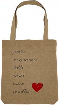 Fabulous Sac Shopping Tote Bag Aspect Lin - Petite Mignonne Belle mais Casse-Couilles avec Coeur - Sac de Courses Toile Epaisse 360g Beige Naturel Cabas Port&eacute; 