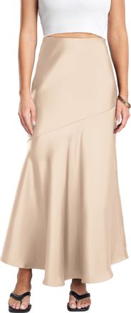 Feoya Damen Satin Seidiger Maxirock Hohe Taille Eleganter Party Rock A Line Ausgestellte Lange Röcke 03 Champagner XL