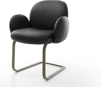 DELIFE Freischwinger Nube-Flex mit Armlehnen Echt-Leder Schwarz Freischwinger flach Effektfinish Titan Taschenfederkern, Esszimmerstühle