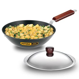 Hawkins Futura Hard eloxiert deep-fry Pan (Kadhai) mit Stahl Deckel und flacher Boden