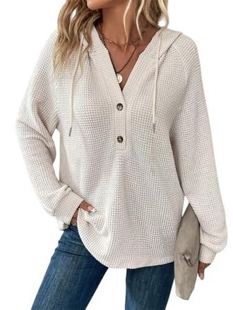 Generic Femmes Automne Hiver Mode Couleur Unie Manches Longues Col V Top avec Capuche Demi Boutonn&eacute; Cordon de Serrage Veste, blanc, 5XL