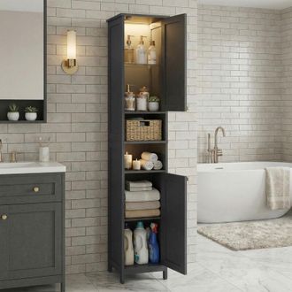 Vasagle Colonne de Rangement Salle de Bain, &Eacute;tag&egrave;res R&eacute;glables, Meuble Haut Moderne pour Petits Espaces, &Eacute;clairage, Noir