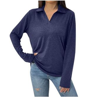 Generic Polo &agrave; Manches Longues Femme Col en V, Tee Shirt Sport Grande Taille-Tunique Chic Et &eacute;L&eacute;Gant Casual Classique Coupe Ample Chemise Quotidien pour Le Bu