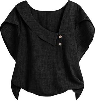 Generic Haut en coton et lin pour femme - Haut &agrave; manches courtes - Couleur unie - Tunique d&eacute;contract&eacute;e &agrave; col en V - Chemise en mousseline de couleur unie - Bl