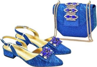 Generic Sac à chaussures élégant pour femme avec noeud papillon africain et bout pointu Chaussures à talons bas pour mariage, fête, banquet, bleu, 42.5 EU