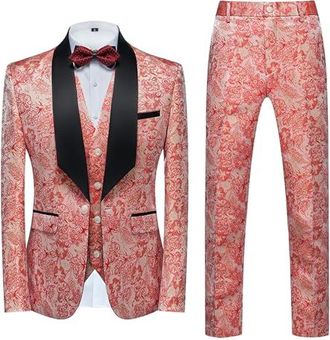 Generic Costume 3 pi&egrave;ces pour homme - Motif cachemire - Jacquard - Smoking - Pour mariage, mari&eacute;, blazer, pantalon et gilet, rose, 3XL