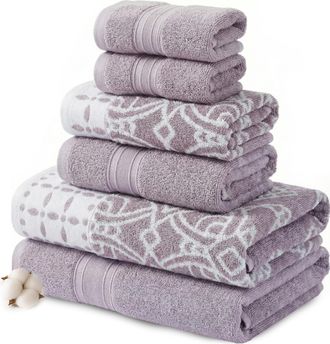 Modern Threads 2 Badet&uuml;cher, 2 Handt&uuml;cher, 2 Waschlappen, garngef&auml;rbtes Jacquard/einfarbiges Handtuch-Set, Rot (Monroe Orchid), 6-teiliges Set