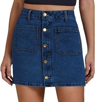 Generic Mini jupes en jean pour femme - Jupe avec poches pour femme - Jupes d&eacute;t&eacute; courtes boutonn&eacute;es - Jupe d&eacute;contract&eacute;e en jean l&eacute;ger - Jupe taille haute - Ju