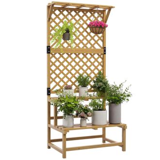 OUTSUNNY Blumentreppe mit Rankhilfe, 2 Stufen, Dach, Pflanzentreppe f&uuml;r Innen Au&szlig;en, Holz Blumenst&auml;nder, mehrst&ouml;ckig Blumenregal f&uuml;r Garten Balkon, 75 x 50 x 1