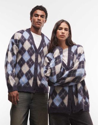 Reclaimed Vintage Unisex-Argyle-Oversized-Cardigan in Wei&szlig; und Blau-ROT