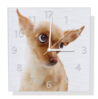 Wallario Design Wanduhr Lustiger Hund mit fliegenden Ohren aus Aluverbund, Alu-Uhr Größe 30 x 30 cm, weiße Zeiger mit Metalloptik