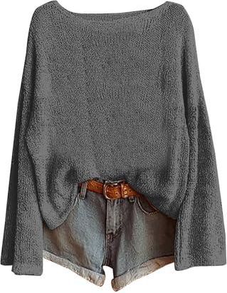 Generic Pull pour femme - Coupe ample - Col rond - &Eacute;l&eacute;gant - Tricot surdimensionn&eacute; - Couleur unie - Manches longues - Confortable - Doux et chaud - Pour lauto