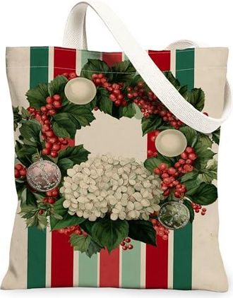 Generic Sacs fourre-tout en toile motif couronne de No&euml;l, sacs d&eacute;picerie r&eacute;utilisables, l&eacute;gers et lavables avec bandouli&egrave;re en toile, Vert, 13x15 Inch