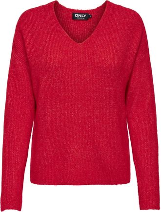 Only Damen Onlcamilla V-Neck L/S Pullover KNT Noos Strickpullover, True Red, M