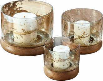 Loberon Windlicht 3er Set Barrnum, DREI Größen, edler Materialmix, mundgeblasen, Dekoration, Kerzenhalter, Glas, Mangoholz, grün