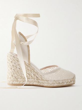 Stuart Weitzman Espadrilles Compensées En Cuir Et En Crochet À Finitions En Gros-grain Marguerita - Ivoire