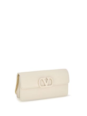 Valentino Garavani Womens Vlogo Signature Grainy Calfskin Chain Wallet Light Ivory Calf Leather Bos Taurus