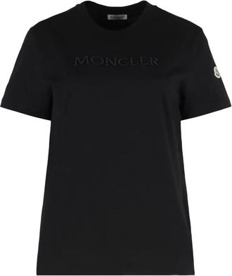 Moncler Femme, Tops, Noir, Taille: 38 FR T-shirt en coton avec logo ton sur ton brod&eacute;