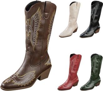 Generic Bottes de cowboy occidentales mi-mollet pour femme avec broderie florale, bout pointu et talon &eacute;pais &agrave; enfiler, style r&eacute;tro, chaussures occidentales c