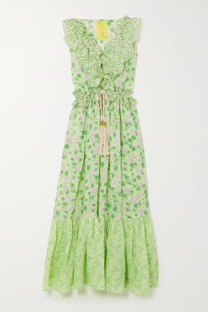Yvonne Sporre Marie Antoinette Maxikleid Aus Leinen Mit Blumenprint Und Rüschen - Grün