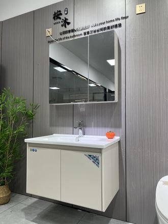 Generic Moderner Badezimmerschrank zur Wandmontage mit Spiegel, 80 cm schwimmender Waschbeckenschrank, Cremewei&szlig; mit Keramikplatte, platzsparendes Design