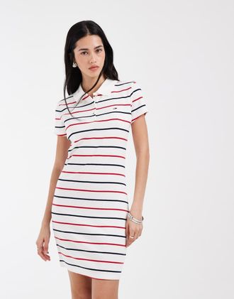 Tommy Jeans Robe c&ocirc;tel&eacute;e moulante &agrave; col polo - Bleu marine/rouge &agrave; rayures-Multicolore