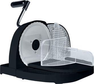 WENKO Brotschneidemaschine Schwarz, Schneidemaschine f&uuml;r Brot aus Kunststoff mit Edelstahlmesser, F&uuml;hrungsschlitten mit Restehalter und Fingerschutz, fester