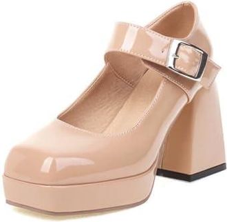 Generic Femmes Bout Carré Cuir Verni Escarpins De Robe Bride À La Cheville Mary Janes avec Boucle Talons Bloc Hauts Escarpins À Plateforme,Apricot,35.5 EU