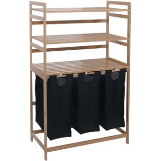 Hhg [NEUWERTIG] Bambus W&auml;schesammler HHG-018, W&auml;schesortierer W&auml;schekorb Regal W&auml;scheorganizer, 3 Ablagen MVG 125x80x40cm 135L schwarz