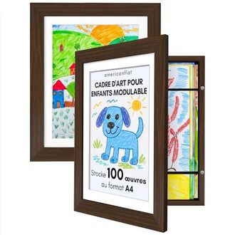 Americanflat Cadre Dessin Enfant &agrave; Changer A4 Noyer avec Passe-Partout et 25,5 x 32 cm sans Passe-Partout - Cadres avec Ouverture Frontale Pouvant Contenir 100 Pi&egrave;