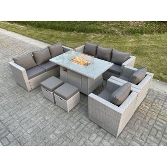Fimous Gas Feuertisch f&uuml;r den Au&szlig;enbereich Rattan Gartenm&ouml;bel Set mit 2 Sofa 2 Sessel 2 Kleiner Hocker Gas Feuerstelle Helles Grau - Fimous