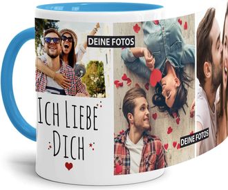 Tassendruck Fototasse mit Spruch - Ich Liebe Dich - zum Selbst gestalten mit 3 Fotos, Innen & Henkel Hellblau, 300 ml