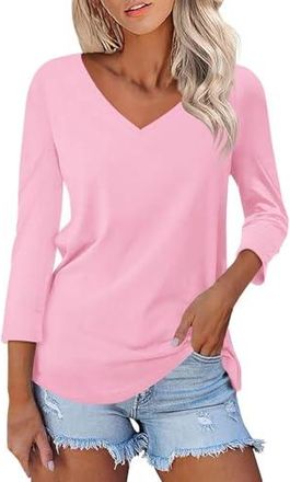 Generic Chemise basique unie à manches longues pour femme, col en V, manches 3/4, chemises solides, t-shirts dété basiques, vêtements pour la vie quotidienne,