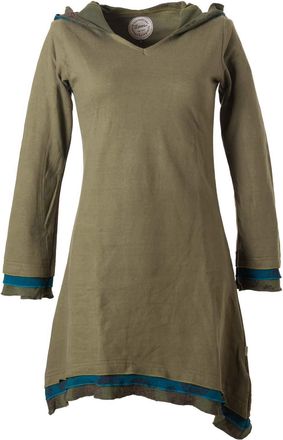 vishes Alternative Bekleidung - Asymmetrisches Lagenlook Kleid Longshirt Zipfelkapuze Baumwolle Olive 48-50