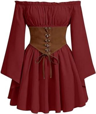 Generic Robe m&eacute;di&eacute;vale &agrave; manches longues et &eacute;paules d&eacute;nud&eacute;es pour femme, Rouge, XXL