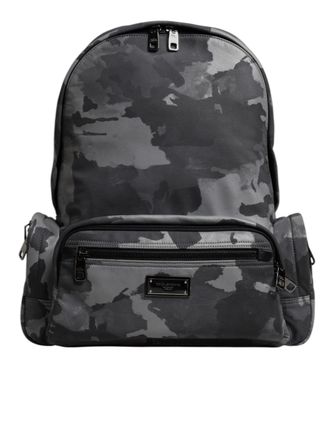 Dolce & Gabbana Mens Camouflage Logo Plaque Backpack Gray Cotton Nylon Polyester