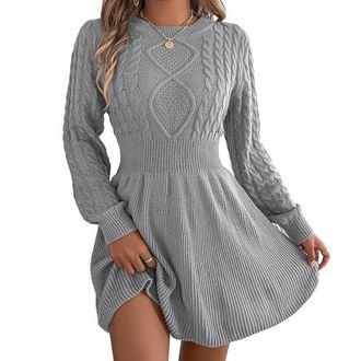 Generic Robe Pull Femme Col Rond Taille Cintrée A-Line Mini Tricotée Manches Longues Mode Décontractée